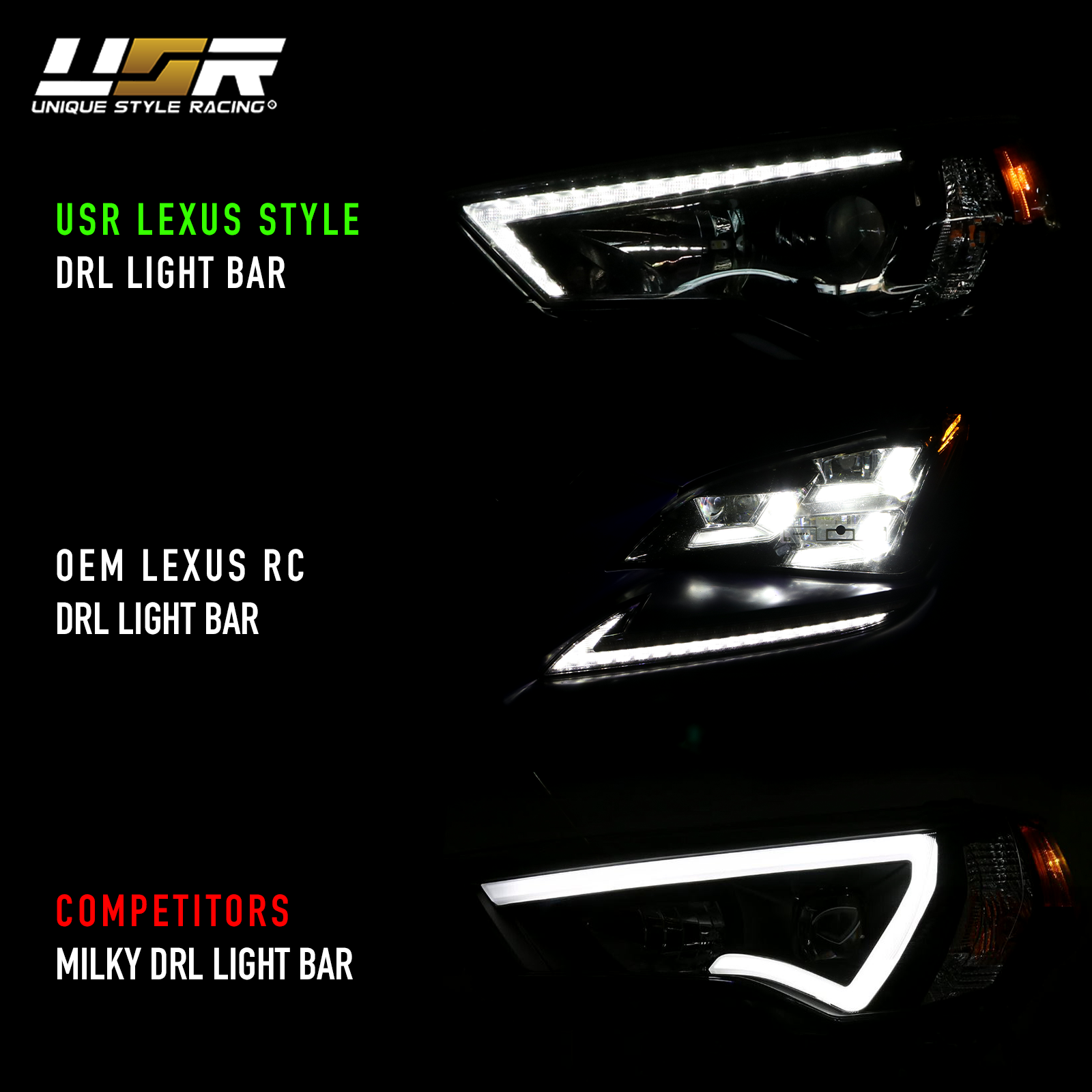 2014-2020 Toyota 4Runner White LED DRL Eyelid Light Bar Black Housing ...