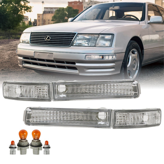 1995-1997 Lexus LS400 Crystal Style Clear Lens 4 Pieces Front Bumper T ...