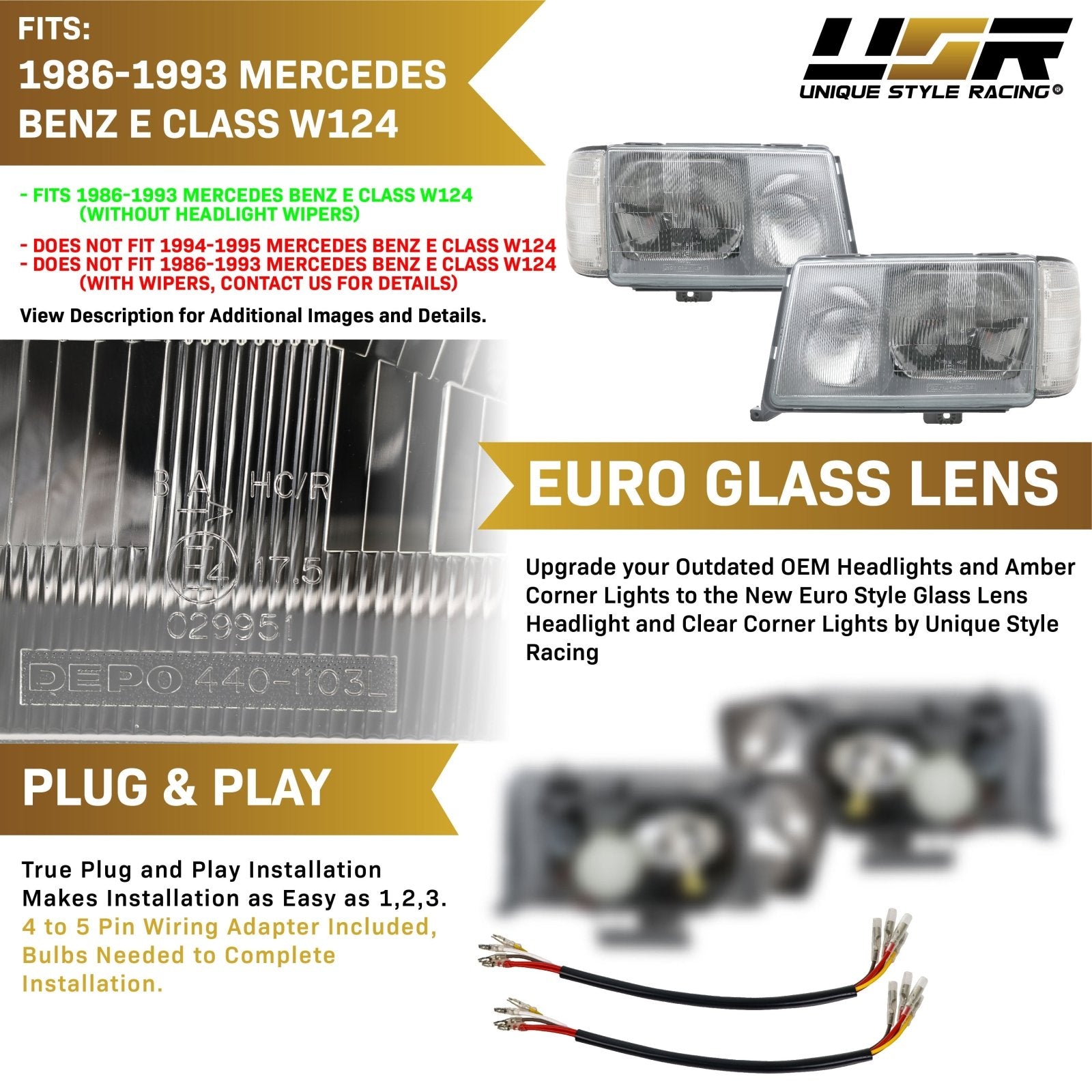1986-1993 Mercedes Benz W124 E Class Euro Headlights W/ Corner Lights ...