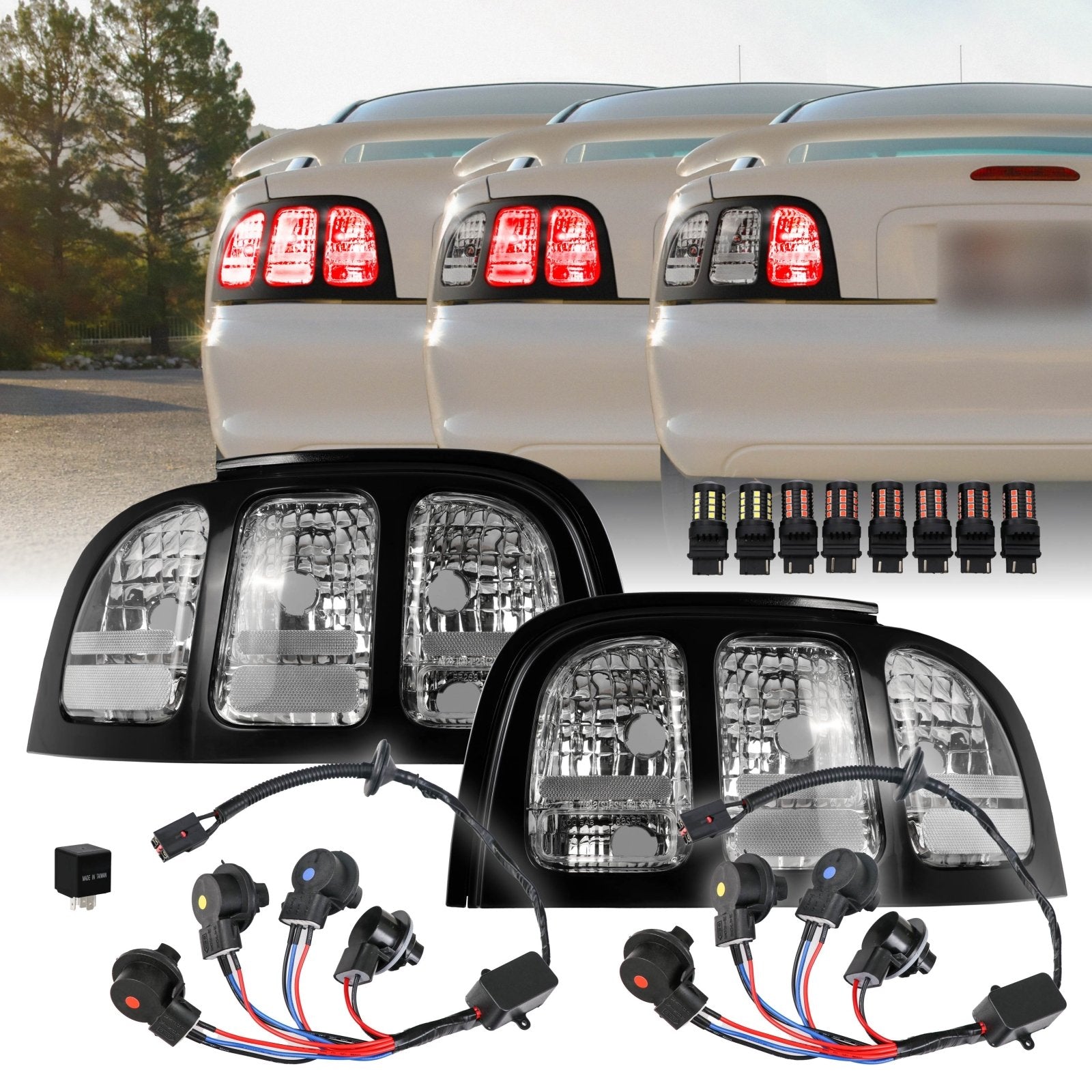 1994-1998 Ford Mustang Black Trim All Clear Lens Tail Lights with Sequ ...