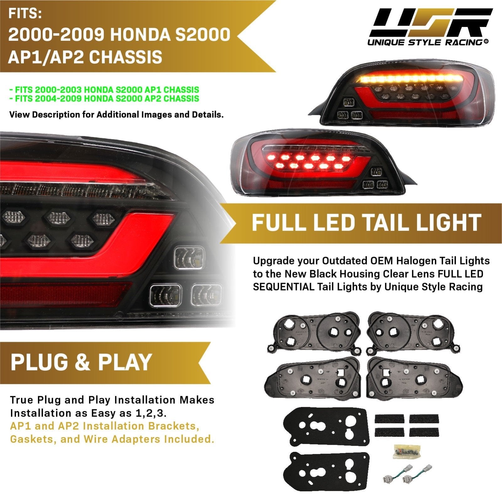 2000-2009 Honda S2000- AP1/AP2 Black/Clear or Black Chrome/Smoke Rear ...