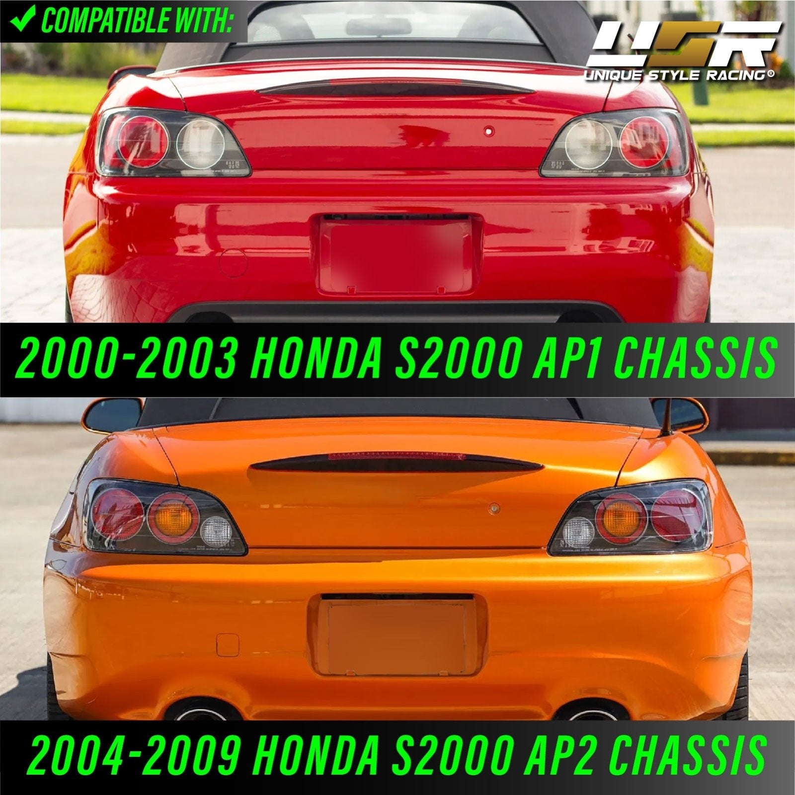 2000-2009 Honda S2000- AP1/AP2 Black/Clear or Black Chrome/Smoke Rear ...
