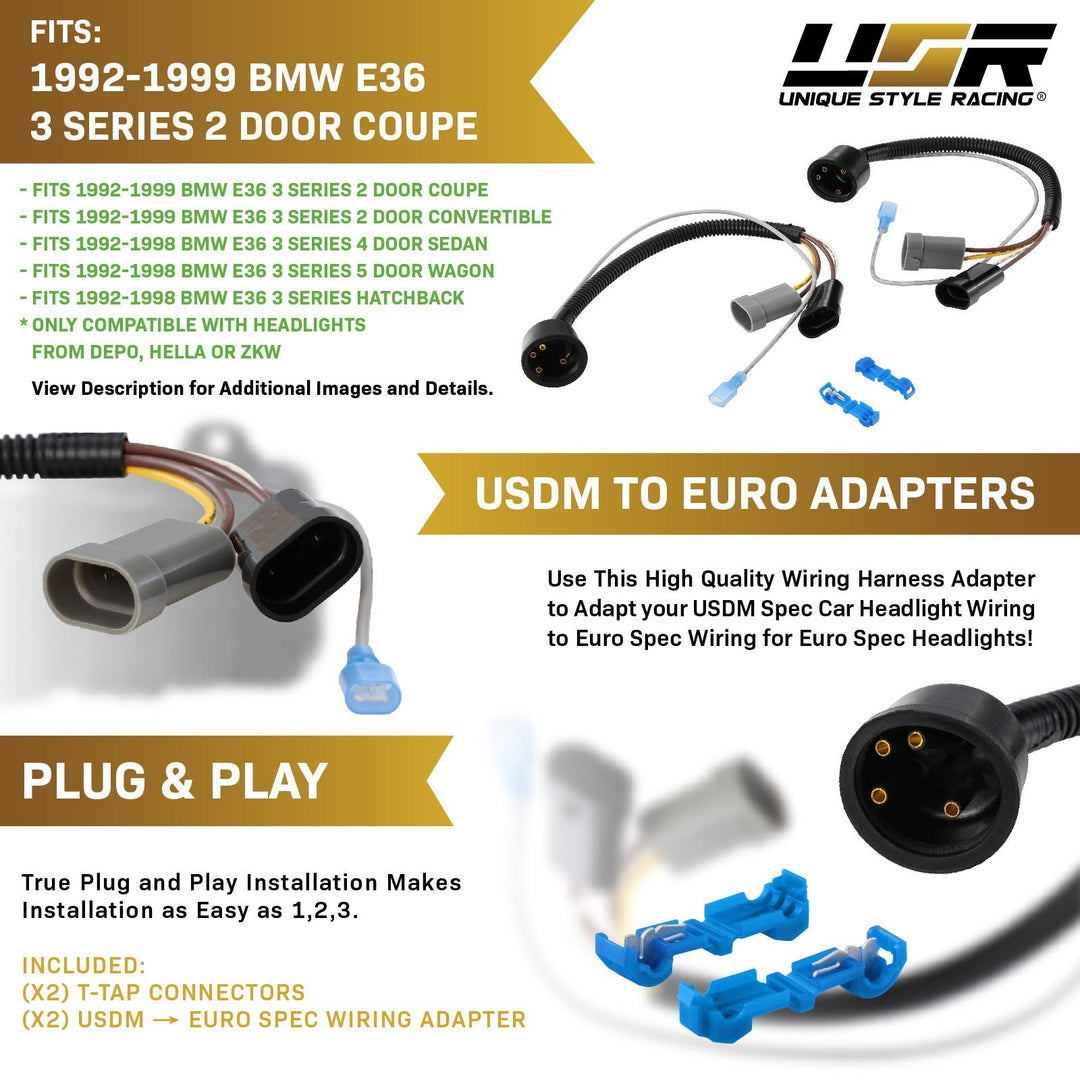 1992-1999 BMW 3 Series E36 Euro Headlight Wire Adapter for US Spec Low ...
